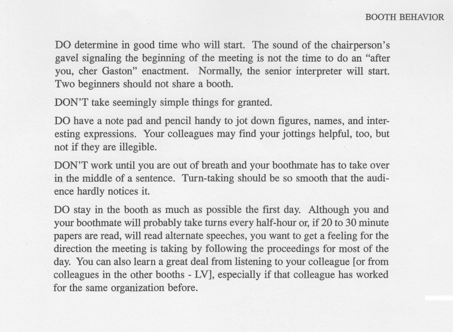 Booth behaviour – Interpreter Training Resources